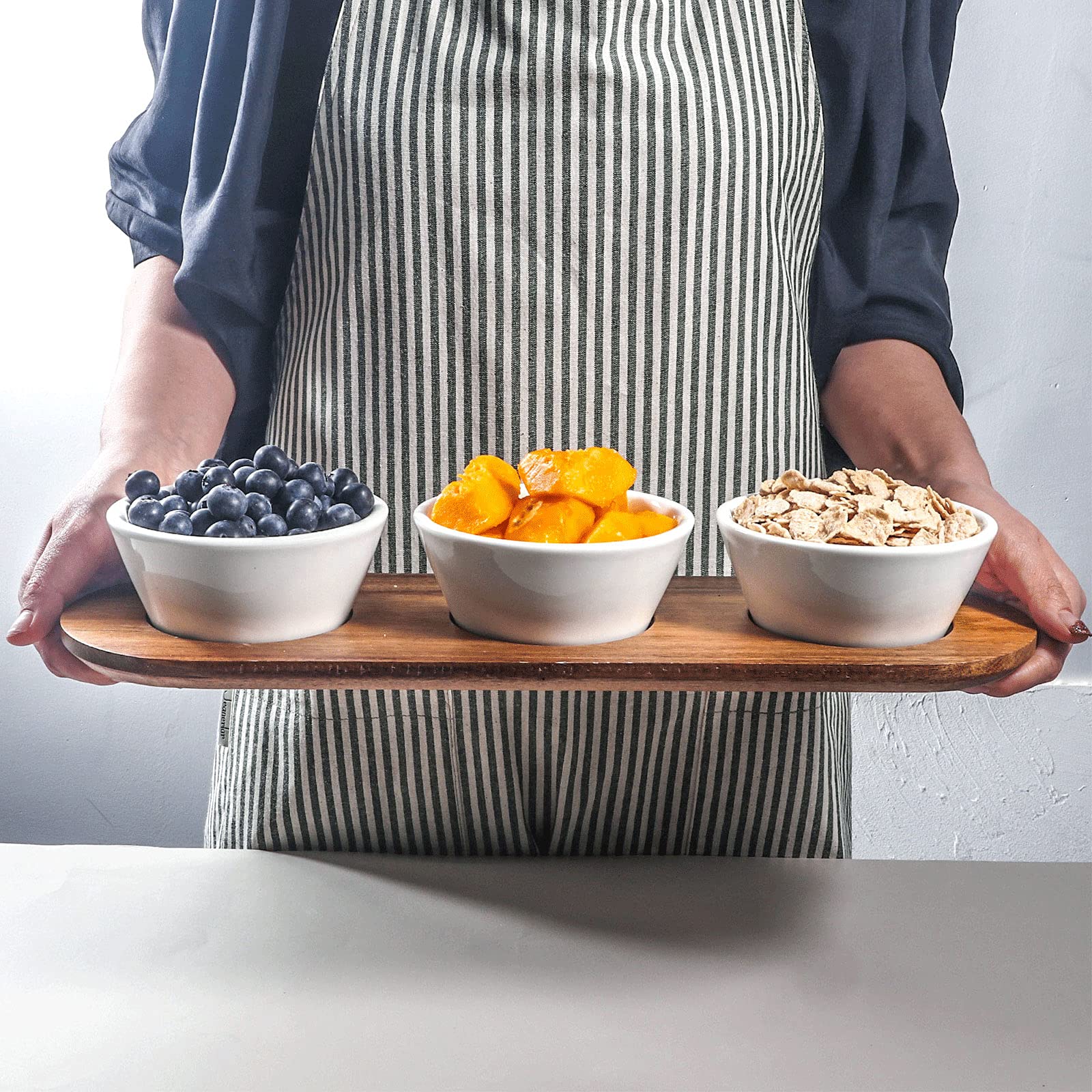 Artena Pasta Bowls 20oz, Large Salad Serving Bowls, 10 inch White Soup Bowls, Porcelain Pasta Bowls Set of 4 & a 10oz Ultra-fine Porcelain Chips and dip Serving Platter with Acacia Wooden Tray