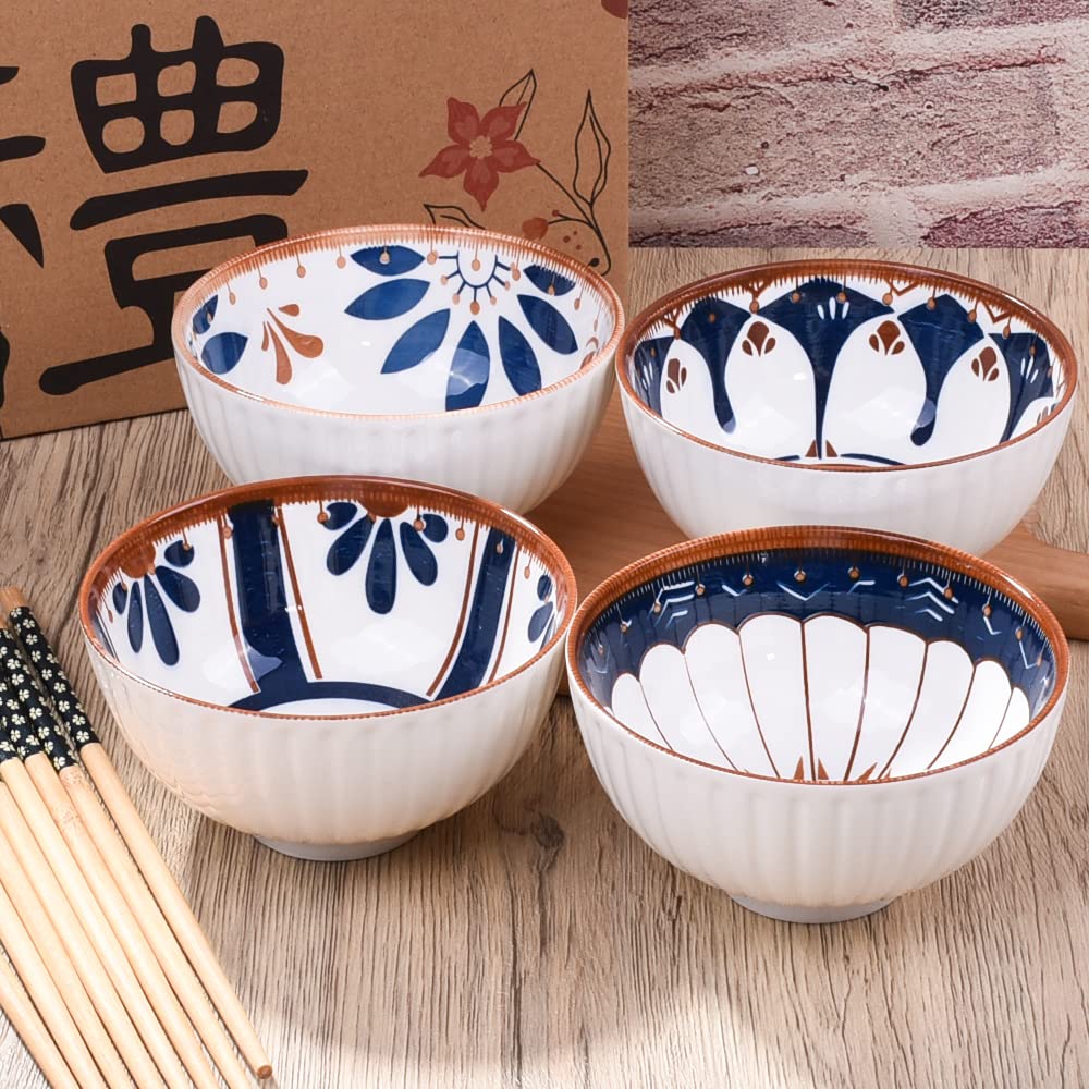 Ceramic Rice Bowls and Chopstick Set of 4,A Good Gift for Friend and Family (RS)