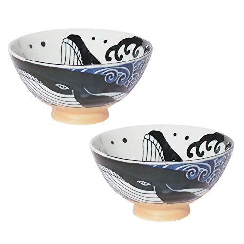 MINORU TOUKI White Wave Whale Blue Ceramic Rice Bowl Small Set of 2 φ4.4×H2.4in 11.29oz