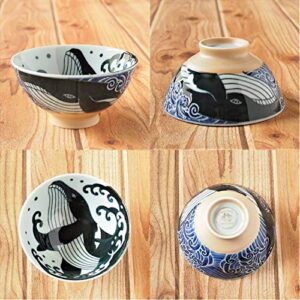 MINORU TOUKI White Wave Whale Blue Ceramic Rice Bowl Small Set of 2 φ4.4×H2.4in 11.29oz