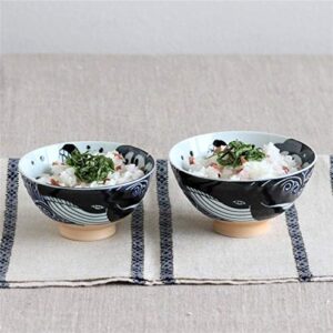 MINORU TOUKI White Wave Whale Blue Ceramic Rice Bowl Small Set of 2 φ4.4×H2.4in 11.29oz