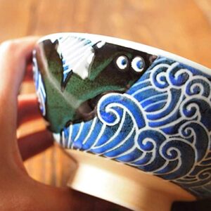 MINORU TOUKI White Wave Whale Blue Ceramic Rice Bowl Small Set of 2 φ4.4×H2.4in 11.29oz