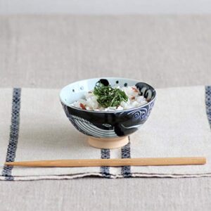 MINORU TOUKI White Wave Whale Blue Ceramic Rice Bowl Small Set of 2 φ4.4×H2.4in 11.29oz