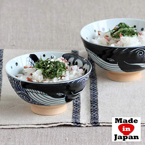 MINORU TOUKI White Wave Whale Blue Ceramic Rice Bowl Small Set of 2 φ4.4×H2.4in 11.29oz