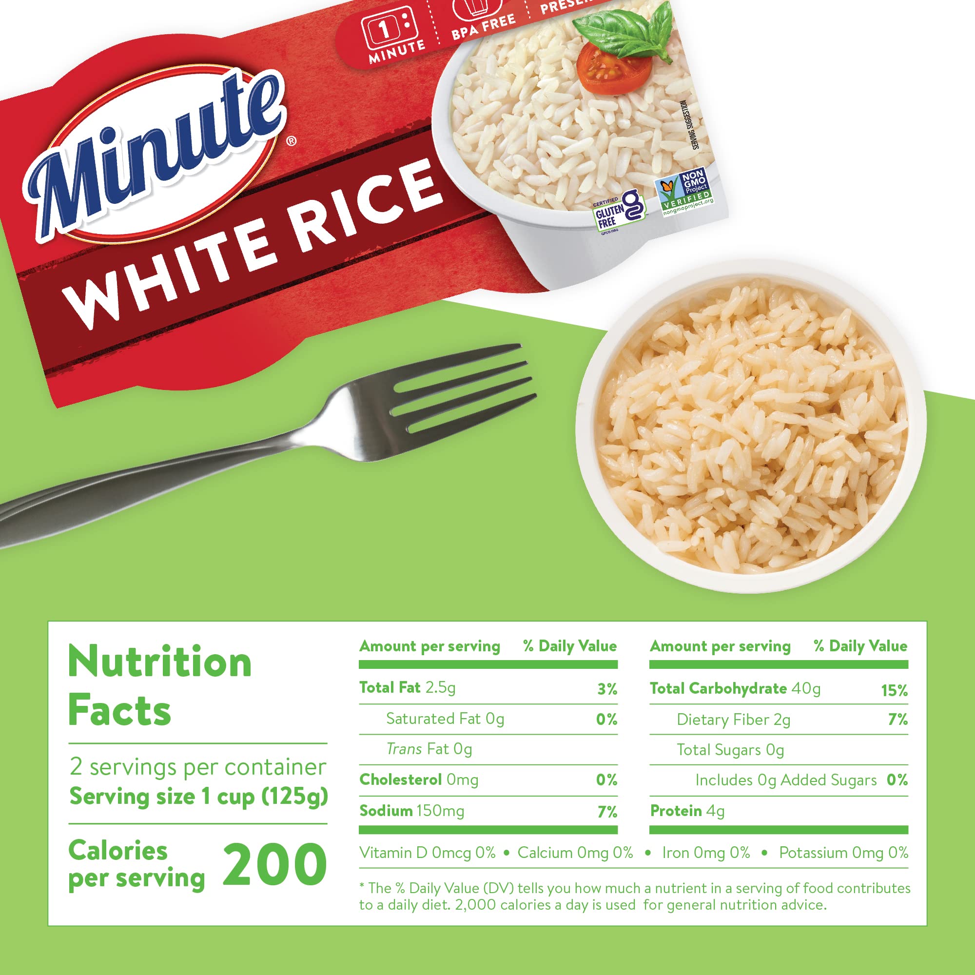 Minute Ready-to-Serve White Rice, Microwavable Rice Cups, 4.4-Ounce Cups, 2 Count, (Pack of 8)