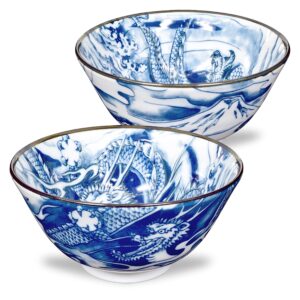 mino ware japanese rice bowl, rice ramen noodle soup sarada pasta, blue dragon design chawn, 2.5 inch 8.8oz, set of 2