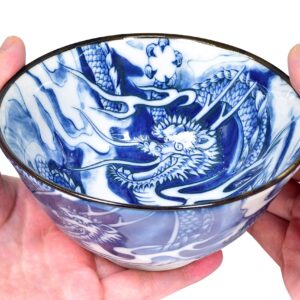 Mino Ware Japanese Rice Bowl, Rice Ramen Noodle Soup Sarada Pasta, Blue Dragon Design Chawn, 2.5 inch 8.8oz, Set of 2