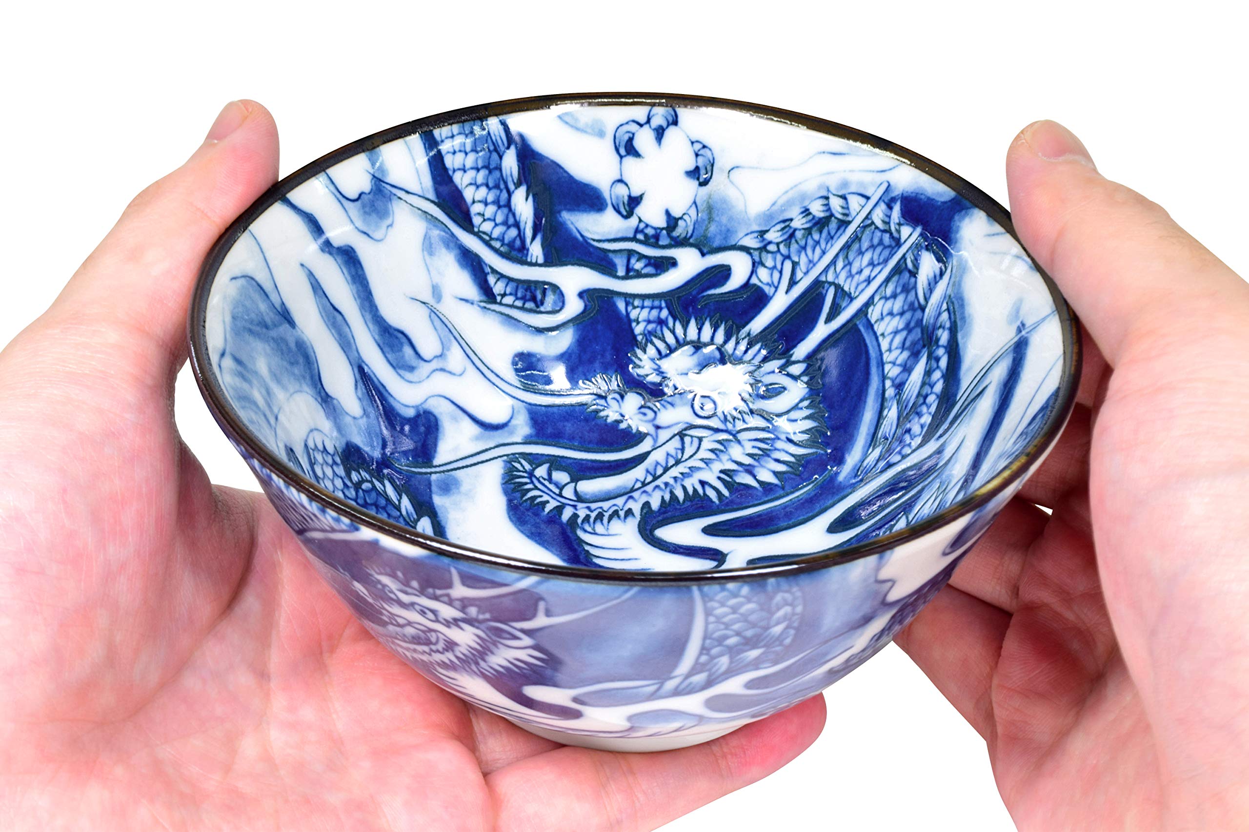 Mino Ware Japanese Rice Bowl, Rice Ramen Noodle Soup Sarada Pasta, Blue Dragon Design Chawn, 2.5 inch 8.8oz, Set of 2