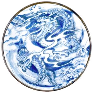 Mino Ware Japanese Rice Bowl, Rice Ramen Noodle Soup Sarada Pasta, Blue Dragon Design Chawn, 2.5 inch 8.8oz, Set of 2