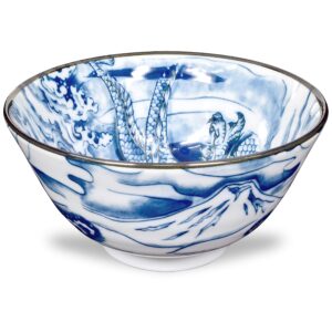 Mino Ware Japanese Rice Bowl, Rice Ramen Noodle Soup Sarada Pasta, Blue Dragon Design Chawn, 2.5 inch 8.8oz, Set of 2