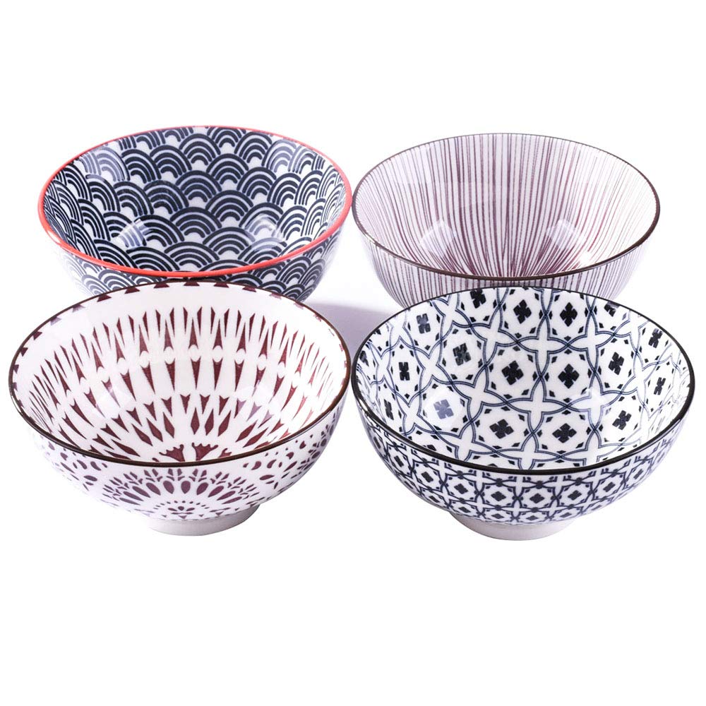 Set of 4 Rice Bowls, 4.5 Inch, Japanese Style Ceramic Rice Bowls, Glazed Tableware of Various Designs, Suitable for Dessert Snacks, Cereal Soup