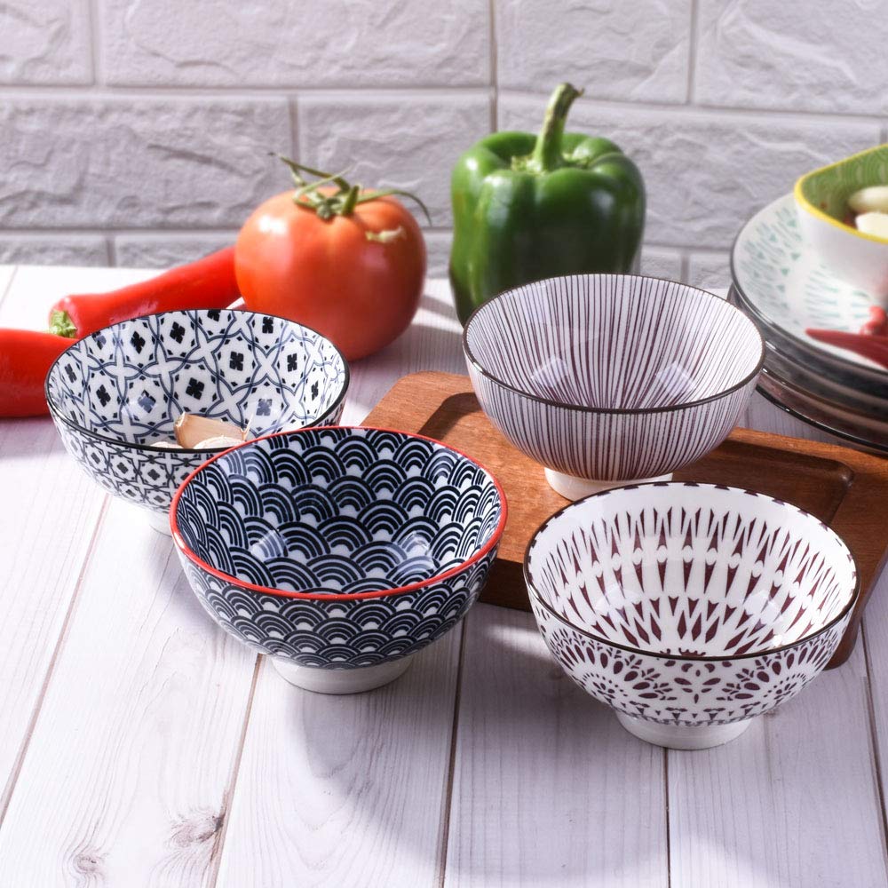 Set of 4 Rice Bowls, 4.5 Inch, Japanese Style Ceramic Rice Bowls, Glazed Tableware of Various Designs, Suitable for Dessert Snacks, Cereal Soup