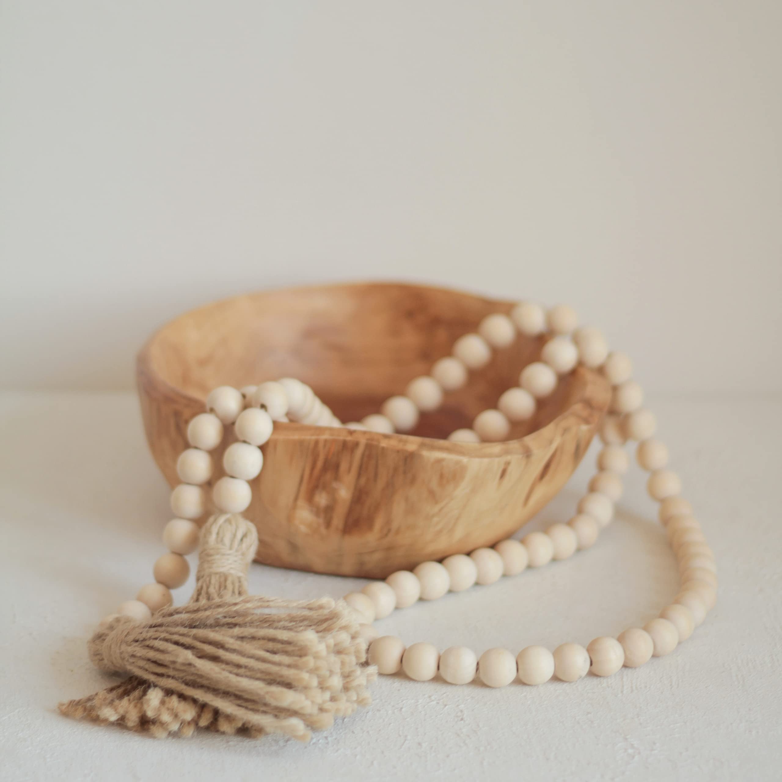 Wooden Bowl, Handmade Wooden Bowls with Wood Bead Garland, Natural, Fruit Bowl, Key Bowl for Decor, 8in-10in