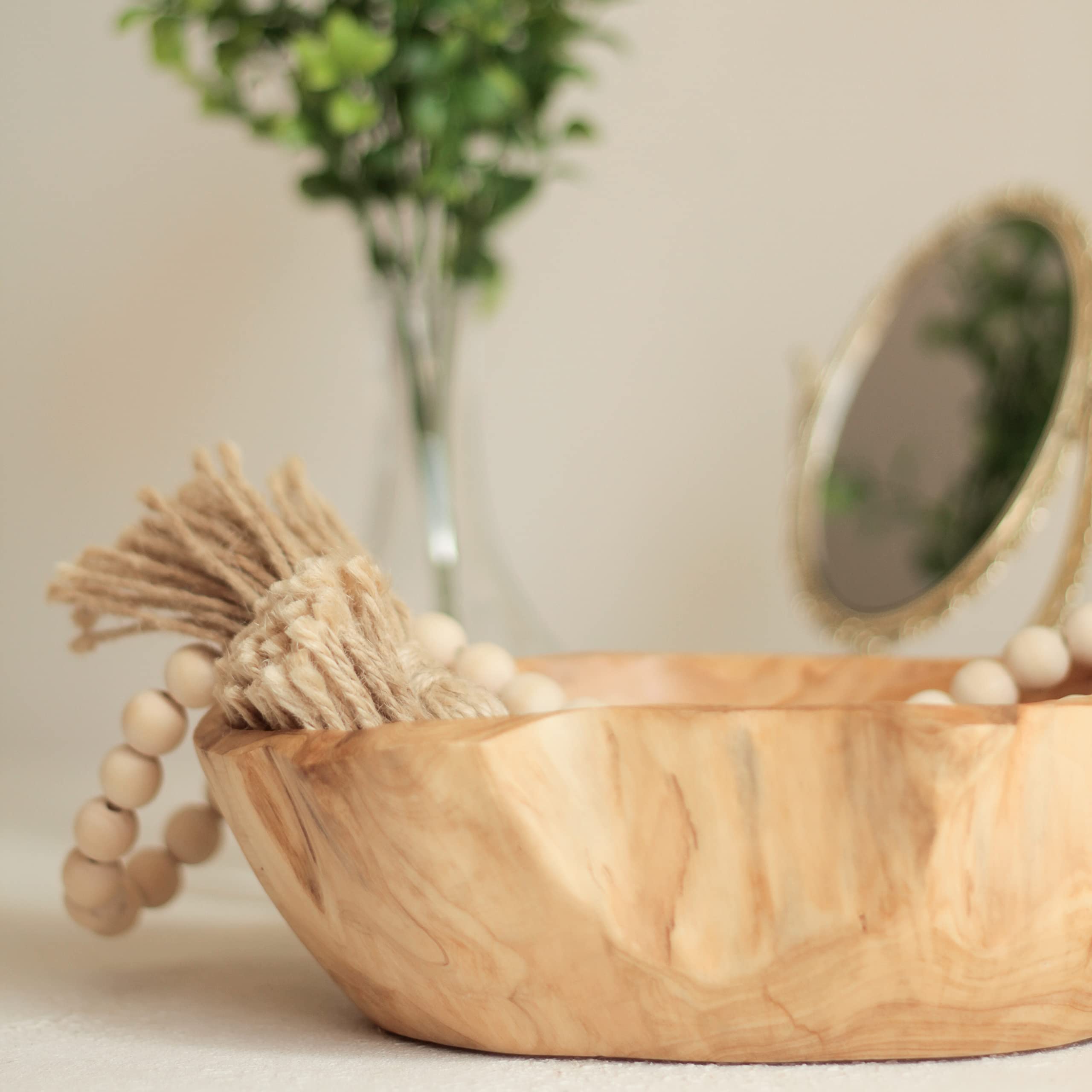 Wooden Bowl, Handmade Wooden Bowls with Wood Bead Garland, Natural, Fruit Bowl, Key Bowl for Decor, 8in-10in