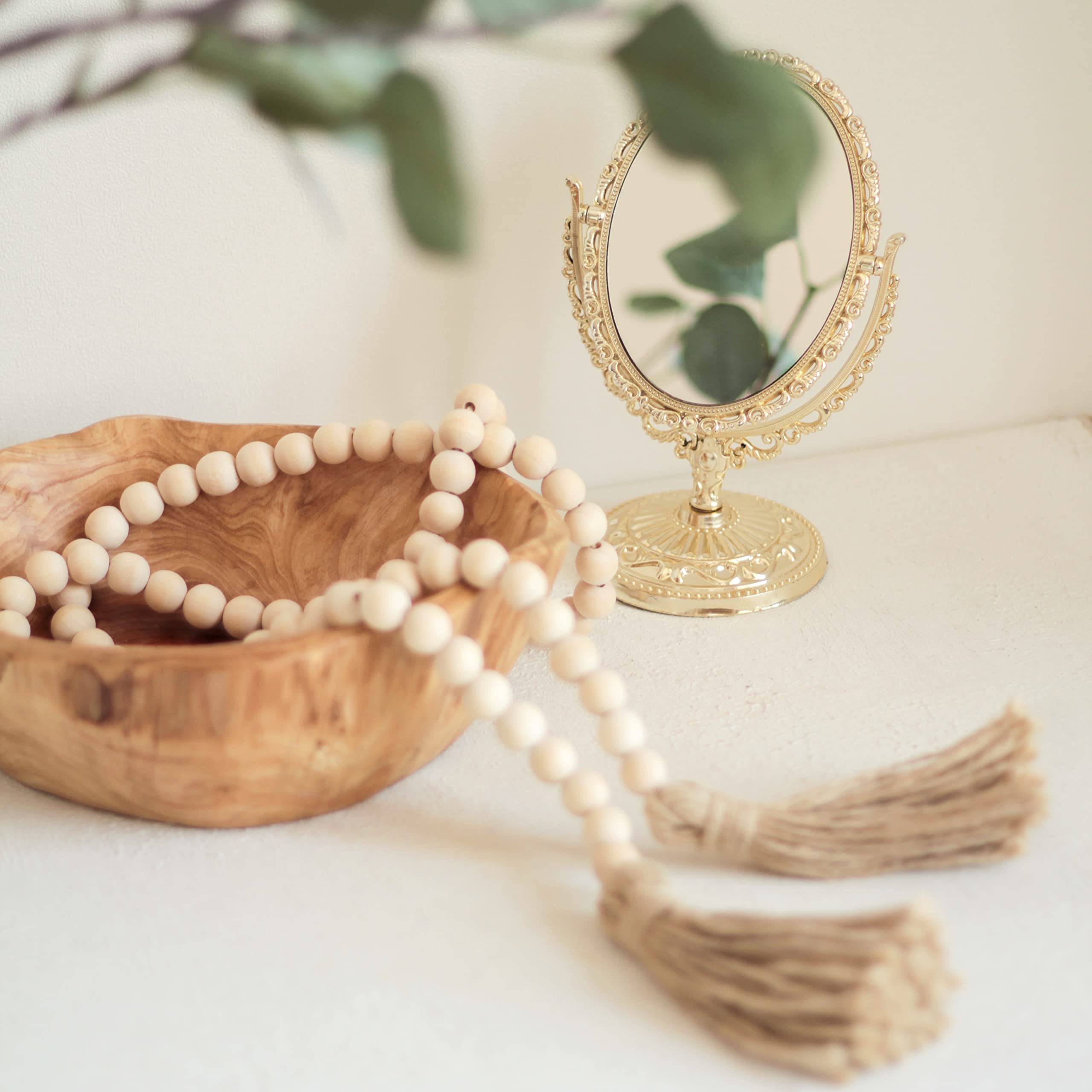 Wooden Bowl, Handmade Wooden Bowls with Wood Bead Garland, Natural, Fruit Bowl, Key Bowl for Decor, 8in-10in