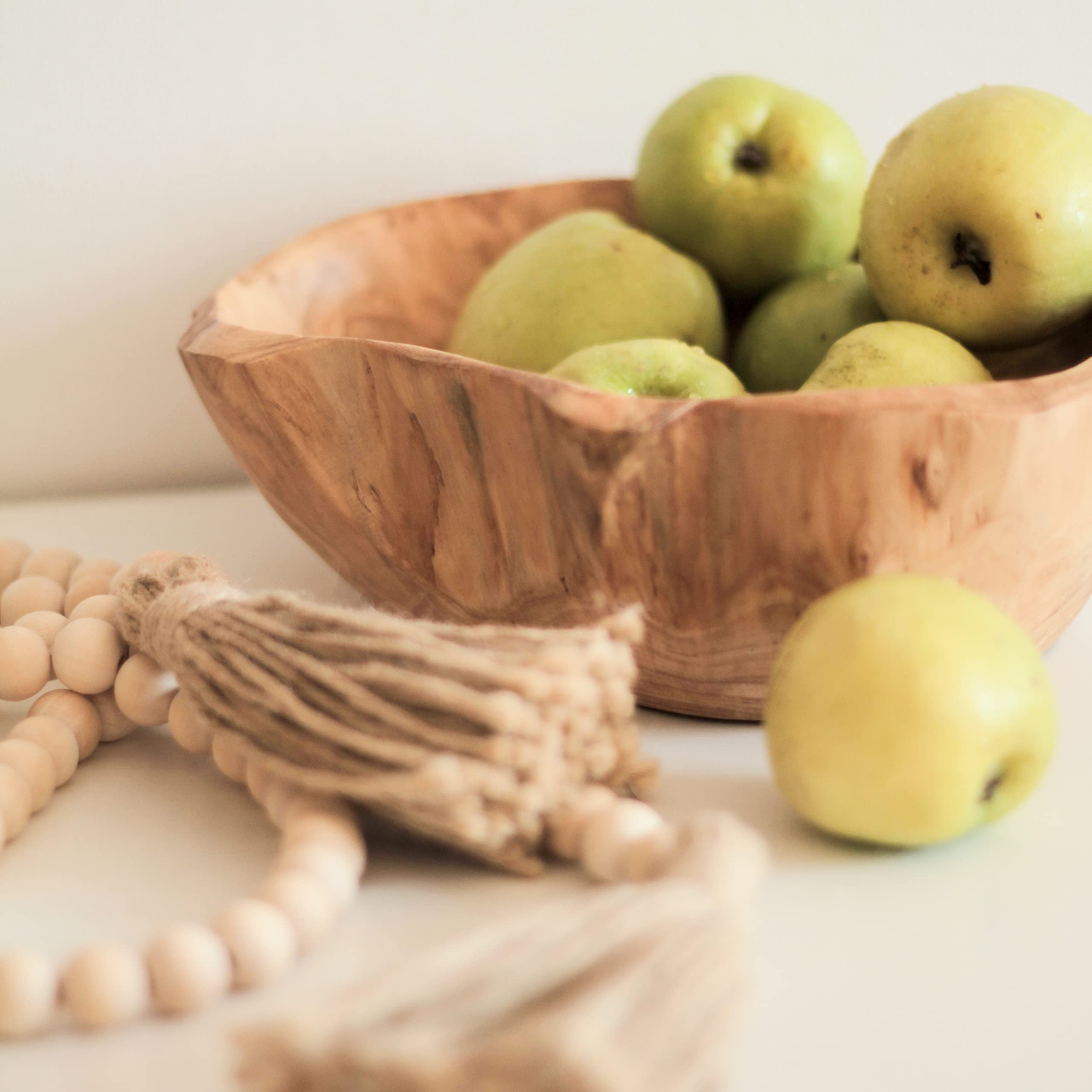 Wooden Bowl, Handmade Wooden Bowls with Wood Bead Garland, Natural, Fruit Bowl, Key Bowl for Decor, 8in-10in