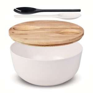 ecohagou 10” bamboo fiber large salad serving bowl set with wooden lid & servers, 3.5 qt big bowl with utensils for mixing salad,fruit,pasta,lightweight & dishwasher safe, ideal gift for home (white)