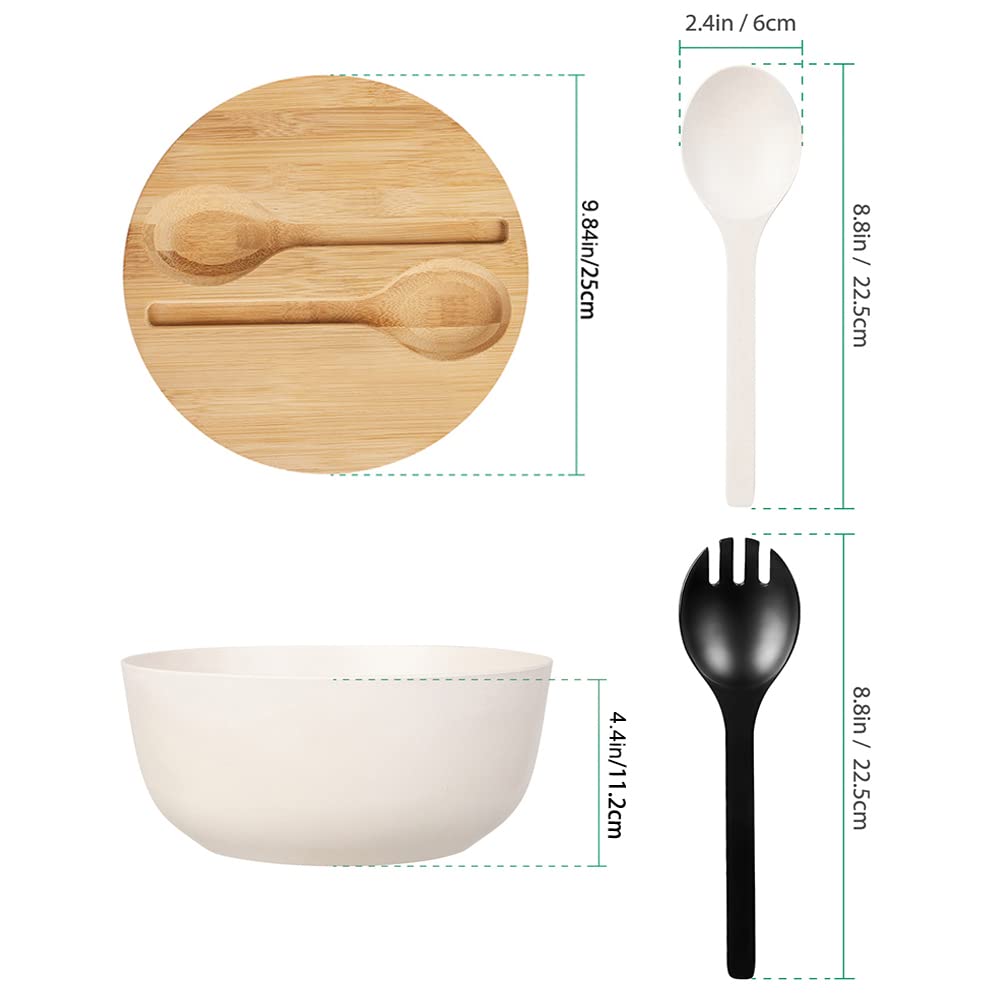 ECOHAGOU 10” Bamboo Fiber Large Salad Serving Bowl Set with Wooden Lid & Servers, 3.5 Qt Big Bowl with Utensils for Mixing Salad,Fruit,Pasta,Lightweight & Dishwasher Safe, Ideal Gift for Home (White)