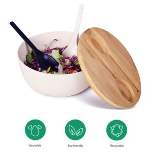 ECOHAGOU 10” Bamboo Fiber Large Salad Serving Bowl Set with Wooden Lid & Servers, 3.5 Qt Big Bowl with Utensils for Mixing Salad,Fruit,Pasta,Lightweight & Dishwasher Safe, Ideal Gift for Home (White)