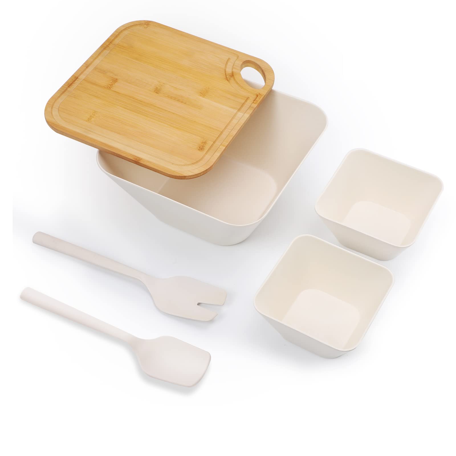 ECOWAY Bamboo Fiber Salad Bowl with Solid Wooden Bamboo lid and Servers, Large Mixing Bamboo Fruit Bowl Set with 2 Small Serving Bowls, Fork & Spoon for Salad, Soup, Pasta and Fruit (White, 150oz)