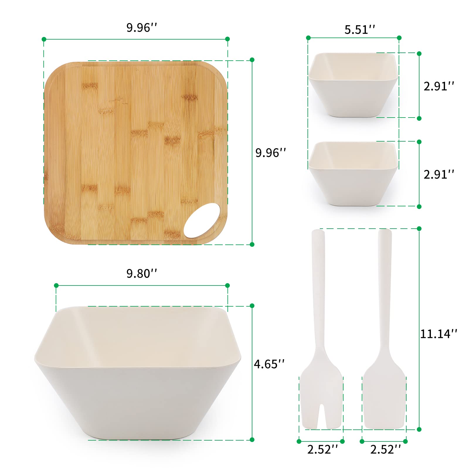 ECOWAY Bamboo Fiber Salad Bowl with Solid Wooden Bamboo lid and Servers, Large Mixing Bamboo Fruit Bowl Set with 2 Small Serving Bowls, Fork & Spoon for Salad, Soup, Pasta and Fruit (White, 150oz)