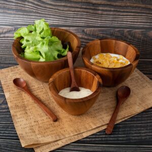 Tiny Nesting Round Wood Bowls Mix Size Stackable Acacia Wooden Bowl Set with Dia 4", 5", and 6" with 3 spoons for serving salad, fruit, dip sauce, salsa, snack, rice, pasta, cereal, Decor Nest Dish