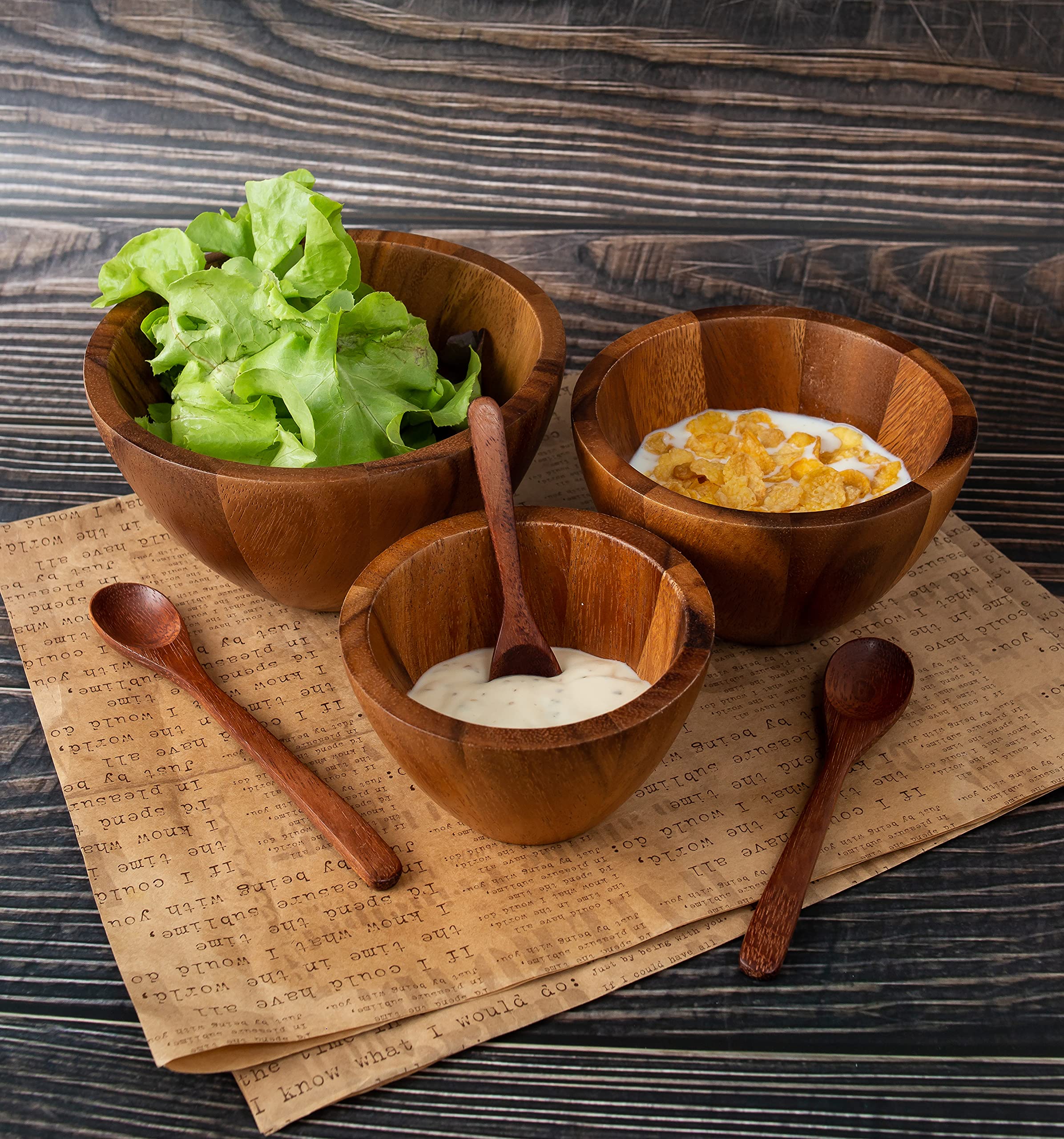 Tiny Nesting Round Wood Bowls Mix Size Stackable Acacia Wooden Bowl Set with Dia 4", 5", and 6" with 3 spoons for serving salad, fruit, dip sauce, salsa, snack, rice, pasta, cereal, Decor Nest Dish