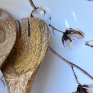 The Fern Trail Wood Serving Bowl | Salad Bowl with Tongs | Wooden Decorative Bowl | Wood Fruit Bowl for Kitchen Counter | Mango Wood Bowl (Blue)