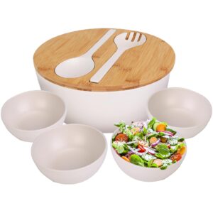 salad bowl with serving utensils, large salad bowl with wooden lid, 9.8inch bamboo fiber salad mixing bowl set with servers, fruit salad bowl with 4 small bowls for dessert vegetables pasta (white)