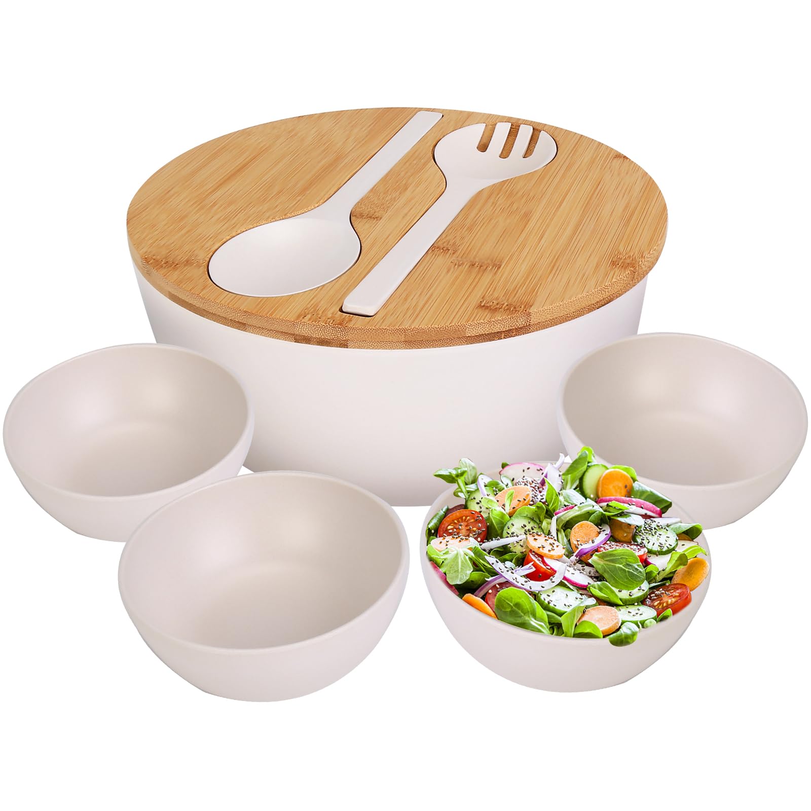 Salad Bowl with Serving Utensils, Large Salad Bowl with Wooden Lid, 9.8inch Bamboo Fiber Salad Mixing Bowl Set with Servers, Fruit Salad Bowl with 4 Small Bowls for Dessert Vegetables Pasta (White)