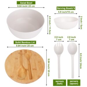 Salad Bowl with Serving Utensils, Large Salad Bowl with Wooden Lid, 9.8inch Bamboo Fiber Salad Mixing Bowl Set with Servers, Fruit Salad Bowl with 4 Small Bowls for Dessert Vegetables Pasta (White)