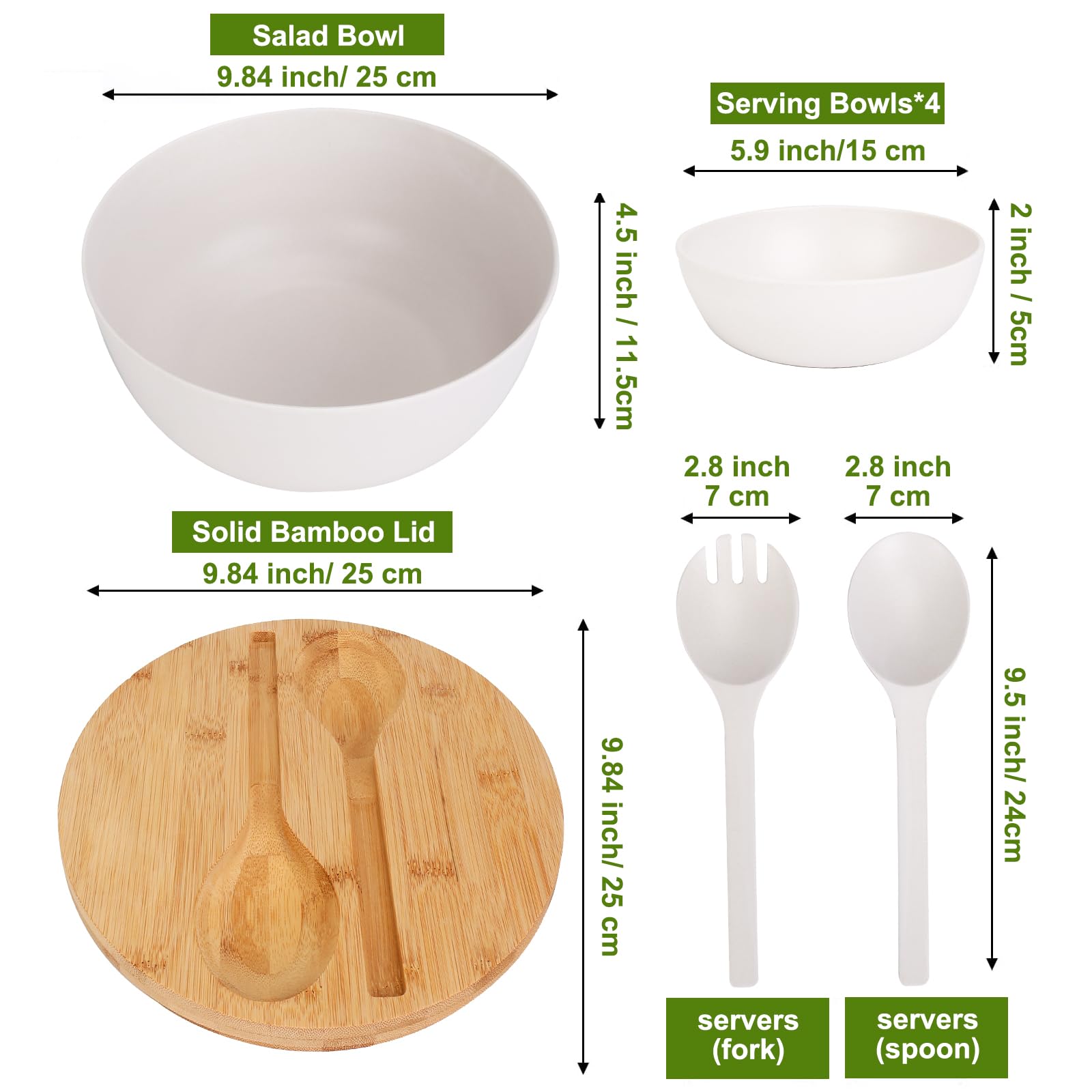 Salad Bowl with Serving Utensils, Large Salad Bowl with Wooden Lid, 9.8inch Bamboo Fiber Salad Mixing Bowl Set with Servers, Fruit Salad Bowl with 4 Small Bowls for Dessert Vegetables Pasta (White)