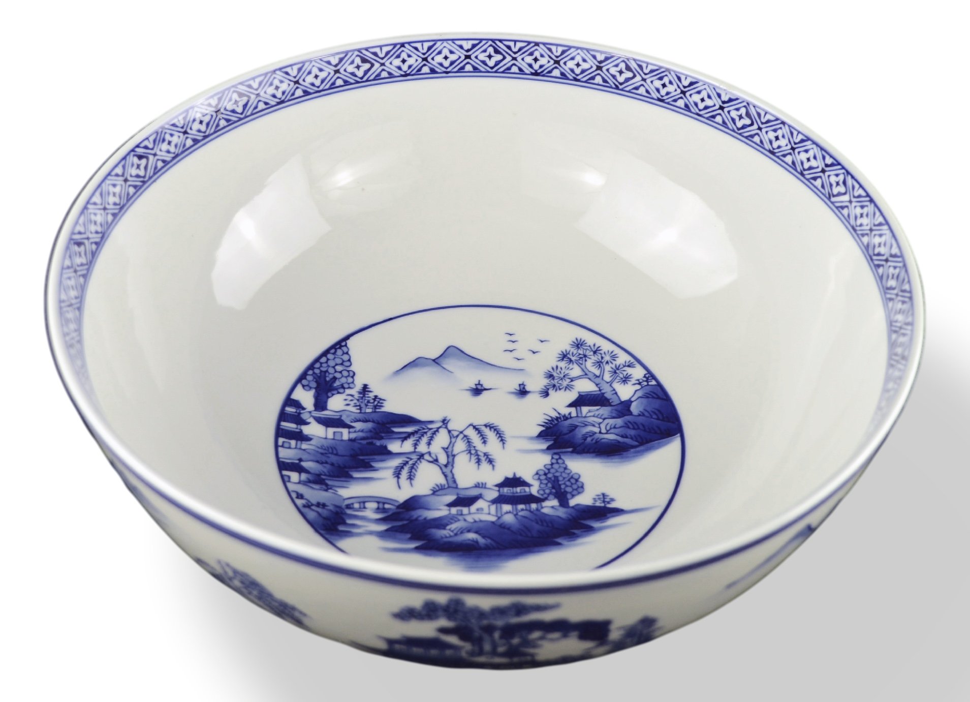 Extra Large Salad Serving Bowls Heritage Chinese Blue and White Landscape 12"x5", Fruit Bowls, Japanese, Korean, Chinoiserie Bowl