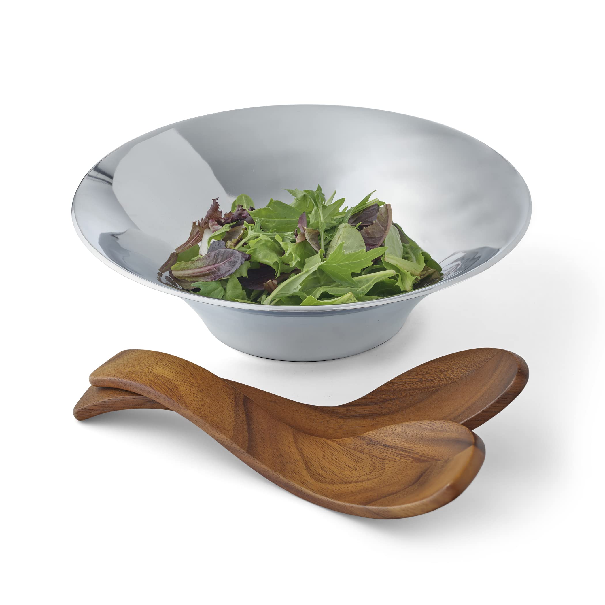 Nambe Chillable Salad Bowl with Servers | Large Chilled Serving Bowl with Utensils for Parties | Refrigerate to Keep Veggie, Fruit, Potato, Pasta Cold | Designed by Scott Henderson