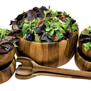 Kalmar Home 10-Inch Acacia Wood Large Dragor Salad Bowl with 4 Individuals