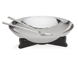 godinger hammered salad bowl with wooden base & server, silver