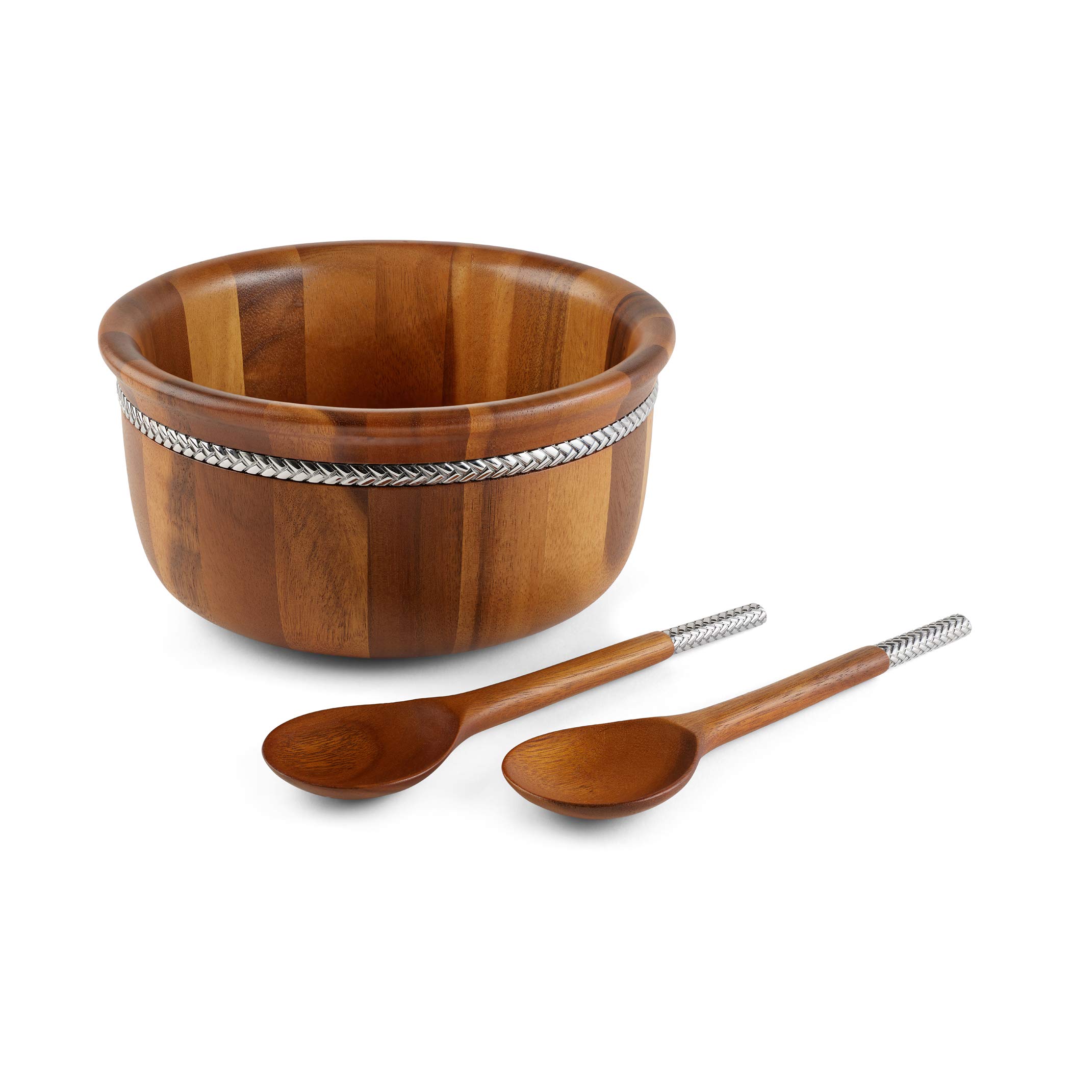 nambe Braid Round Wooden Salad Bowl 3 Piece Set | 11-Inch Salad Bowl with Serving Utensils | Acacia Wood and Chrome Plate Salad Servers and Fruit Bowl | Housewarming Gift | Designed by Sean O’Hara