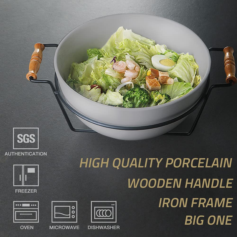 Sweejar 2.8 Quarts Porcelain Bowl for Salad Popcorn Fruit Snacks, 9" Large Bowl with a Stand, Serving for Family Party(Gray)