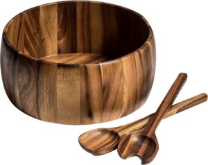 kalmar home 12-inch acacia wood extra large smooth salad bowl with servers