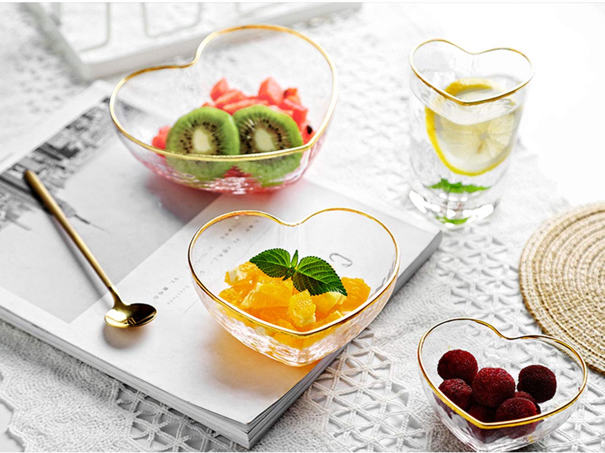 Phnom Penh Glass Bowl Dessert Bird's Nest Salad Bowl Fruit Plate Creative Transparent Heart Shape Breakfast Bowl (4 pcs)