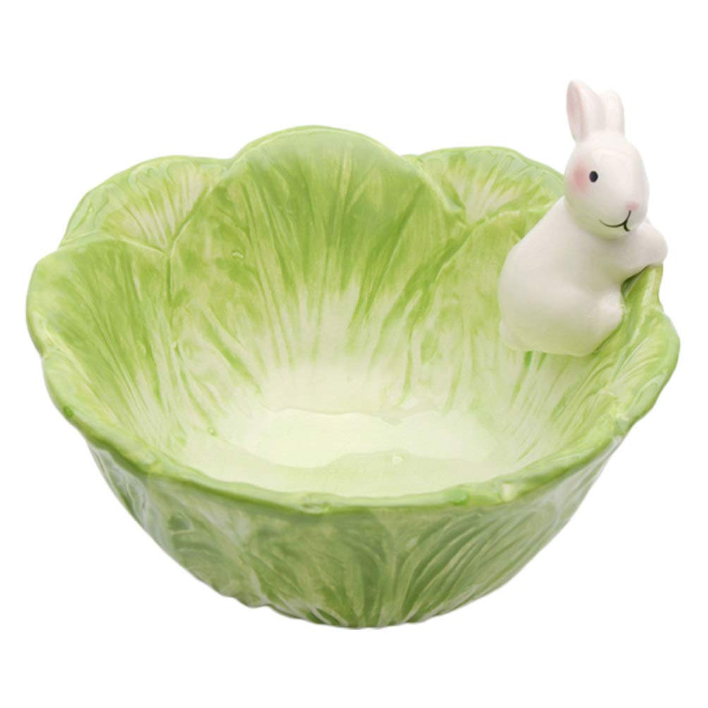 DOITOOL Multipurposed Ceramic Cabbage Shaped Salad Bowl with Cute Bunny Decoration Serving Bowls Salad Bowls Pasta Bowl Mixing Bowls Soup Bowl for Family Home Kitchen Restaurant