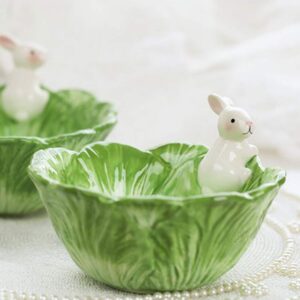 DOITOOL Multipurposed Ceramic Cabbage Shaped Salad Bowl with Cute Bunny Decoration Serving Bowls Salad Bowls Pasta Bowl Mixing Bowls Soup Bowl for Family Home Kitchen Restaurant