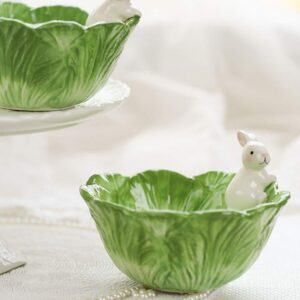 DOITOOL Multipurposed Ceramic Cabbage Shaped Salad Bowl with Cute Bunny Decoration Serving Bowls Salad Bowls Pasta Bowl Mixing Bowls Soup Bowl for Family Home Kitchen Restaurant