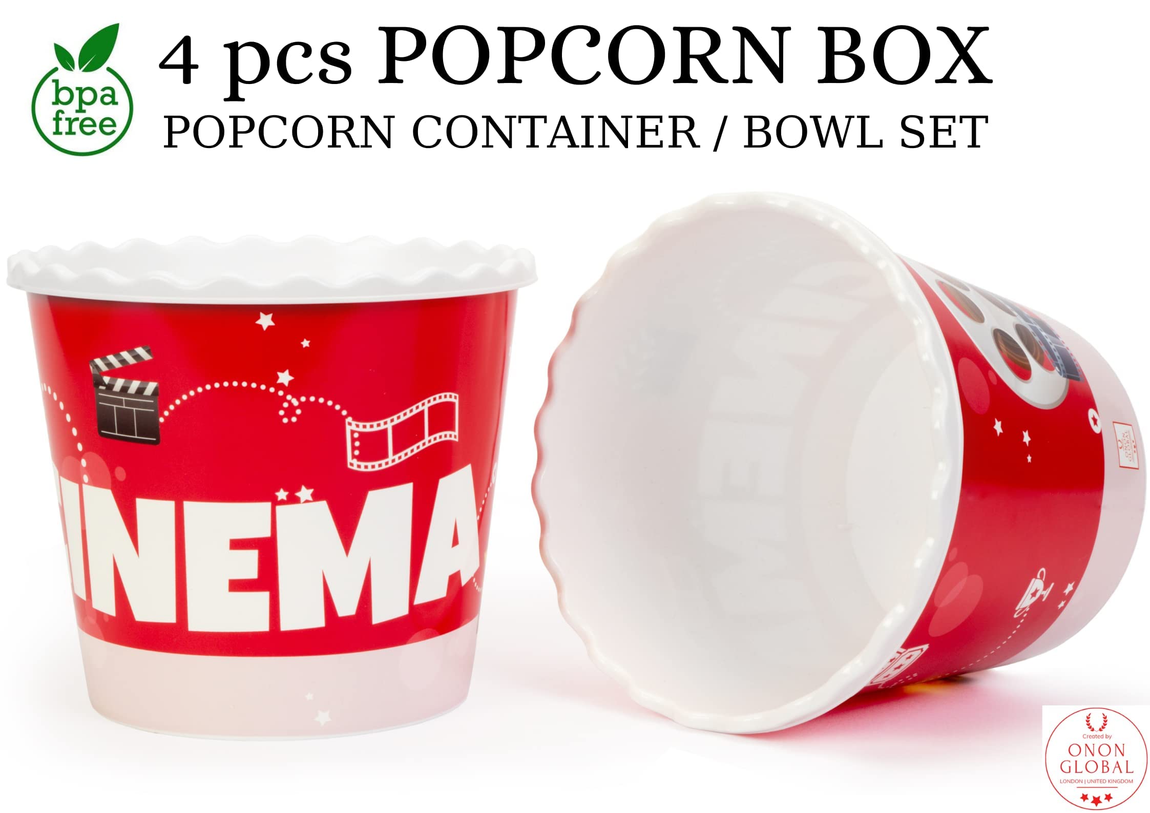 Retro Style Reusable Plastic Popcorn Containers/Popcorn Bowls Set for Movie Theater Night - Washable in The Dishwasher - (BPA Free-4 Pack) (Cinema)