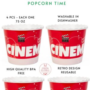 Retro Style Reusable Plastic Popcorn Containers/Popcorn Bowls Set for Movie Theater Night - Washable in The Dishwasher - (BPA Free-4 Pack) (Cinema)