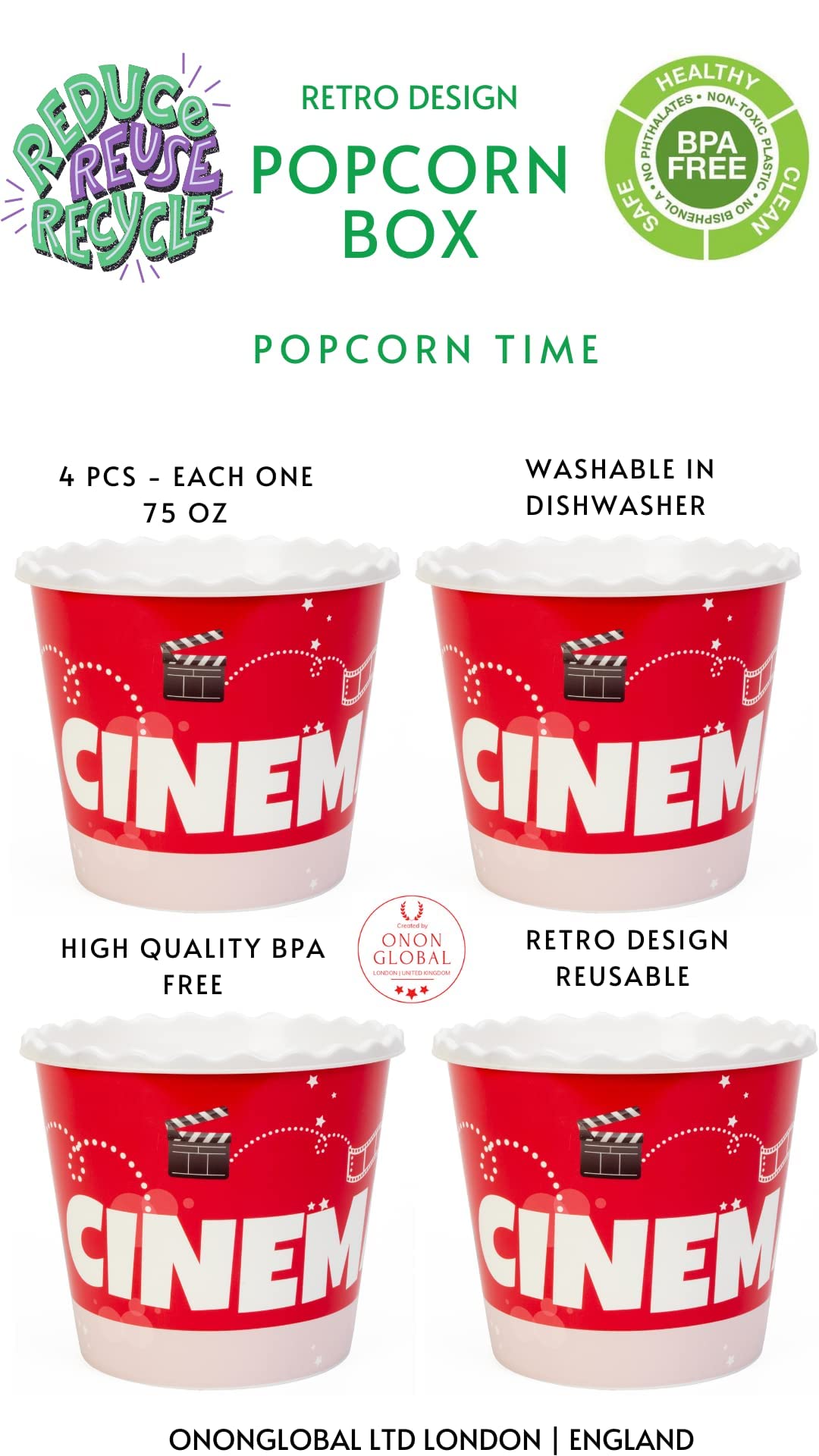 Retro Style Reusable Plastic Popcorn Containers/Popcorn Bowls Set for Movie Theater Night - Washable in The Dishwasher - (BPA Free-4 Pack) (Cinema)