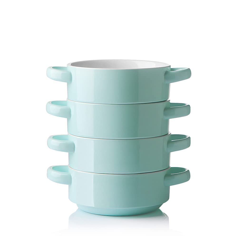 Sweejar Ceramic Soup Bowls with Double Handles, 20 Oz Stacked Bowls for French Onion Soup, Cereal, Pot Pies, Stew, Chill, Pasta, Set of 4(Dark Turquoise)