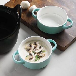 Sweejar Ceramic Soup Bowls with Double Handles, 20 Oz Stacked Bowls for French Onion Soup, Cereal, Pot Pies, Stew, Chill, Pasta, Set of 4(Dark Turquoise)