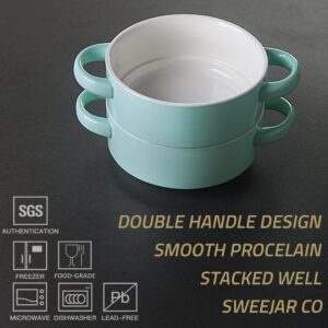 Sweejar Ceramic Soup Bowls with Double Handles, 20 Oz Stacked Bowls for French Onion Soup, Cereal, Pot Pies, Stew, Chill, Pasta, Set of 4(Dark Turquoise)