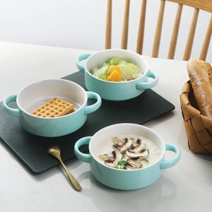 Sweejar Ceramic Soup Bowls with Double Handles, 20 Oz Stacked Bowls for French Onion Soup, Cereal, Pot Pies, Stew, Chill, Pasta, Set of 4(Dark Turquoise)